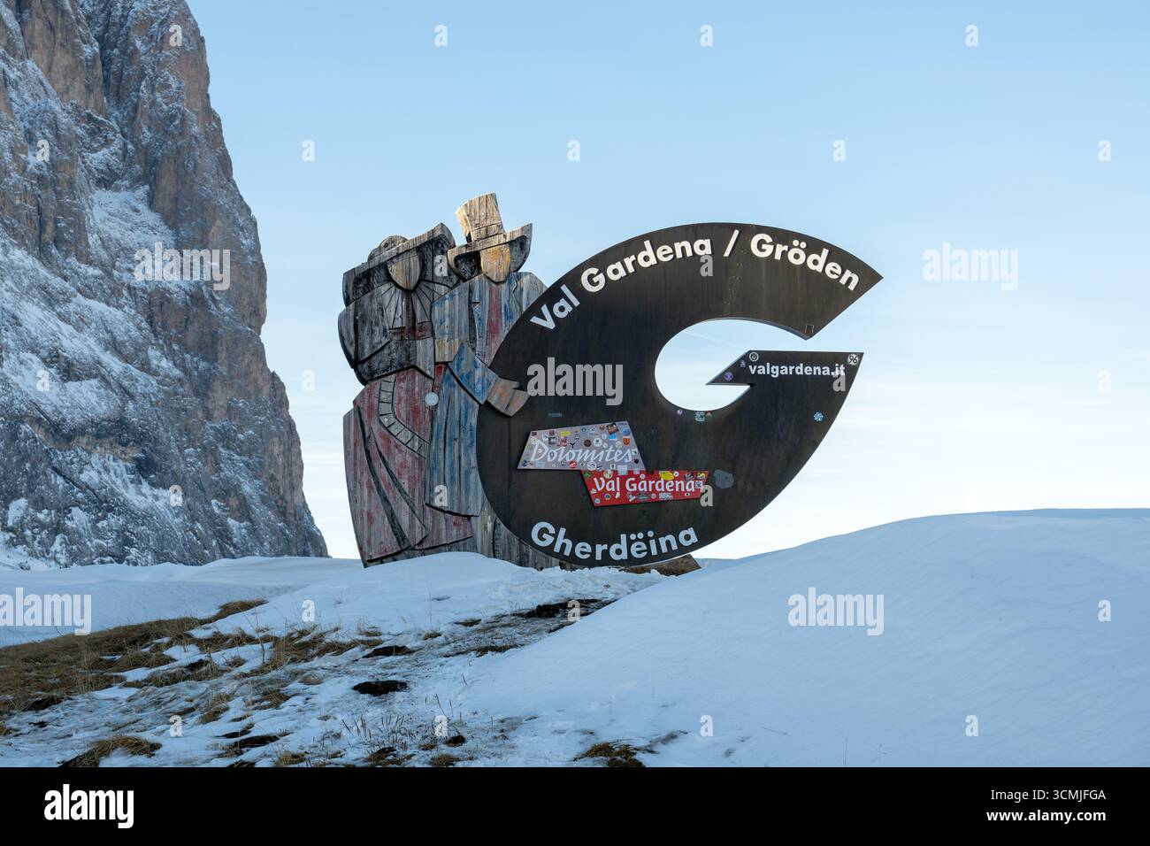 Val Gardena sign in the Sella Pass, surrounded by deep winter snow in ...