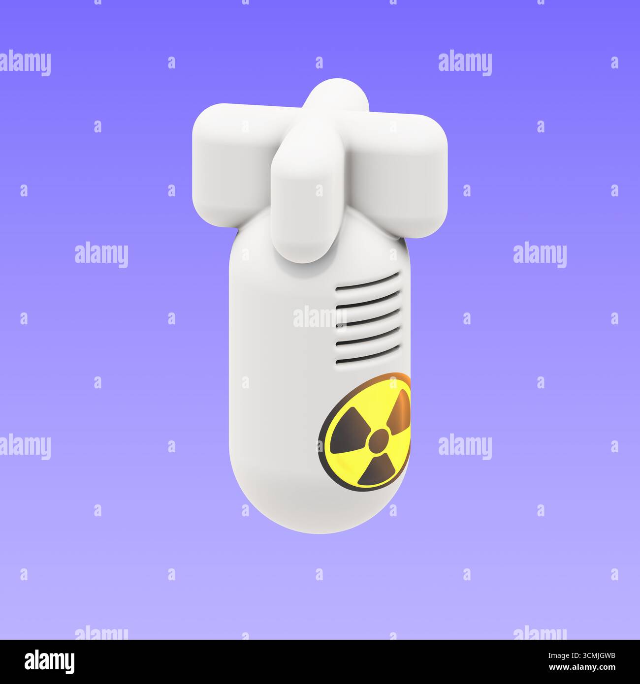 Modern 3D illustration of a white bomb with nuclear radiation warning ...