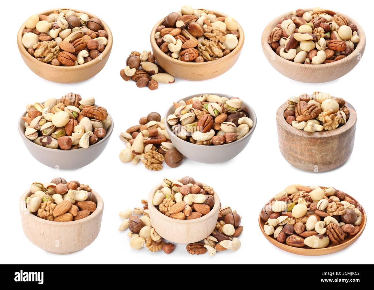 Nuts mix in bowls isolated on white, set Stock Photo - Alamy