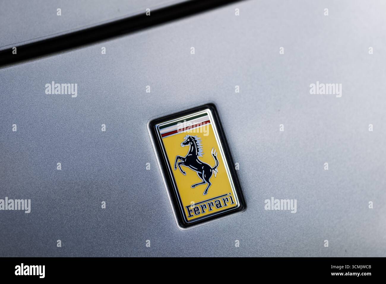 14 September 2025, Bavaria, Munich: The Ferrari brand logo (emblem ...