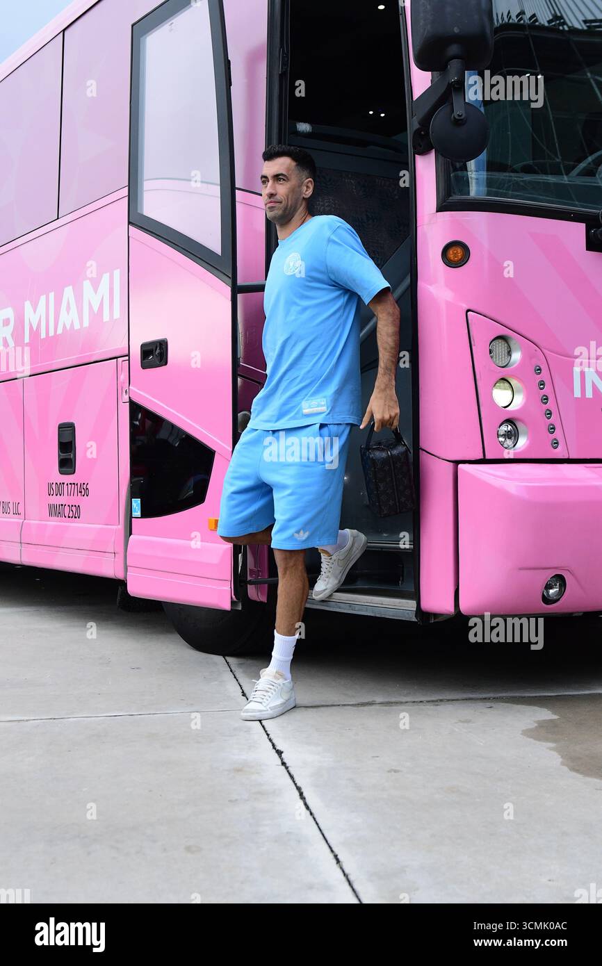 Inter Miami midfielder Sergio Busquets (5) exits the bus prior to the match September 16, 2025 ...