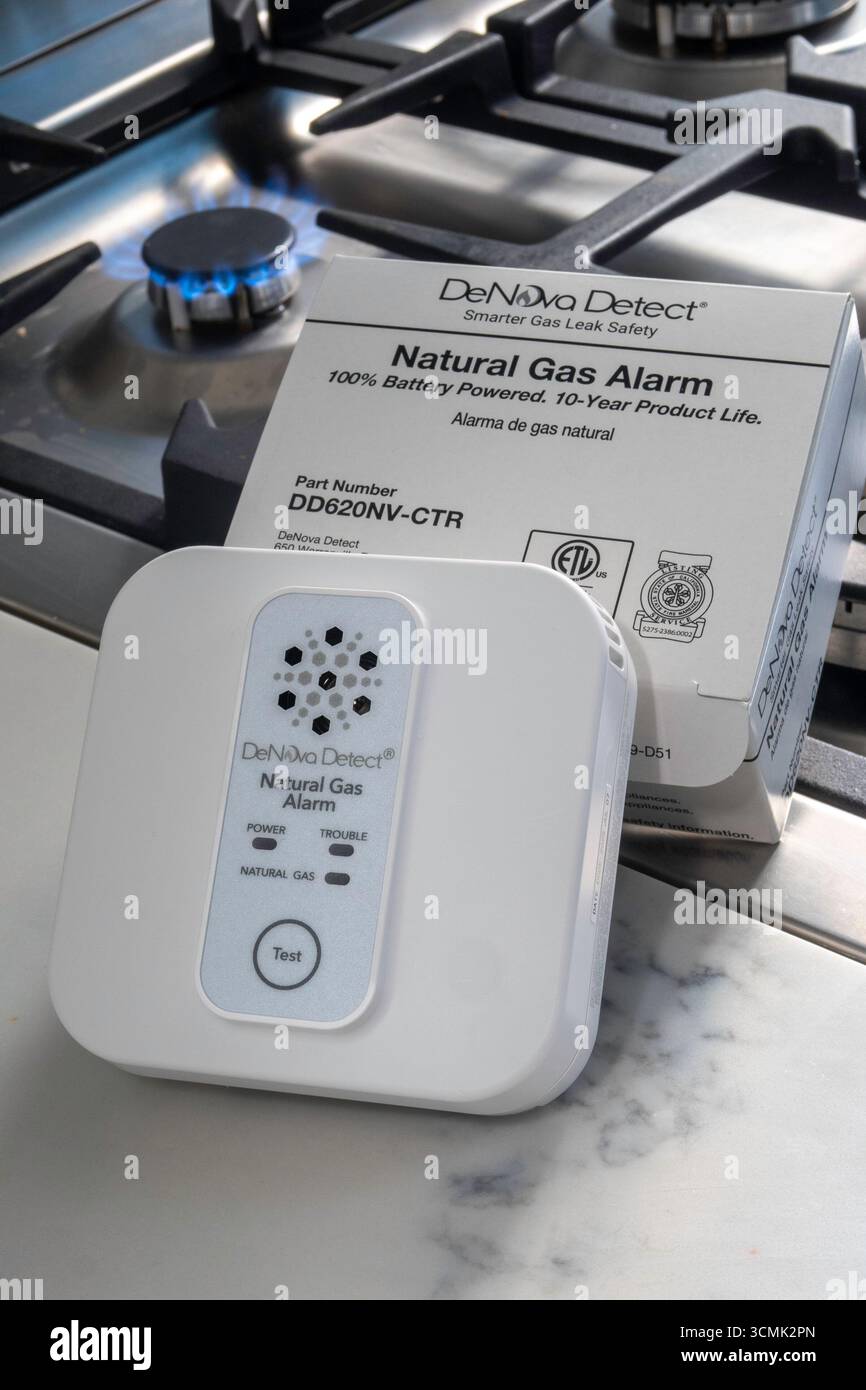 Close-up of a natural gas alarm that is battery powered with a 10 year ...
