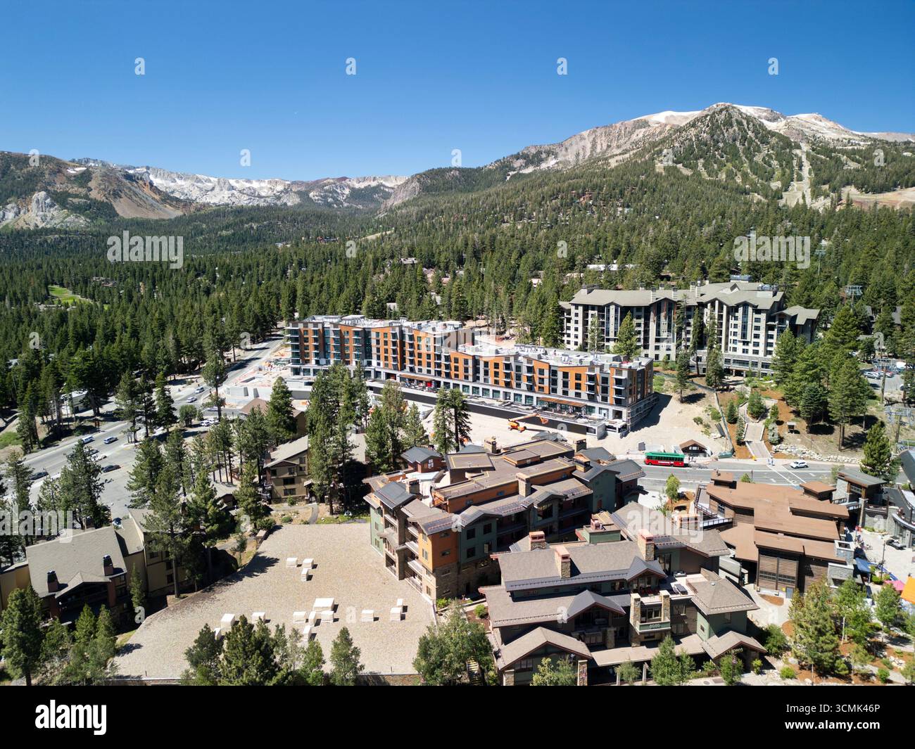 Summertime aerial view of the Village Lodge area at Mammoth Lakes ski ...