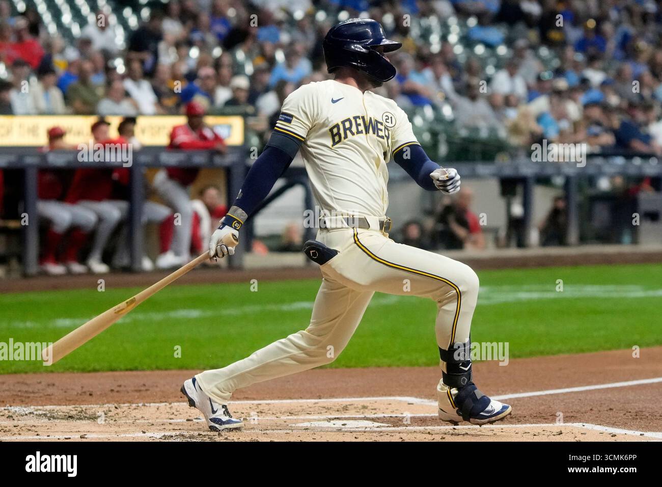 Milwaukee Brewers' Brice Turang hits a double during the first inning ...
