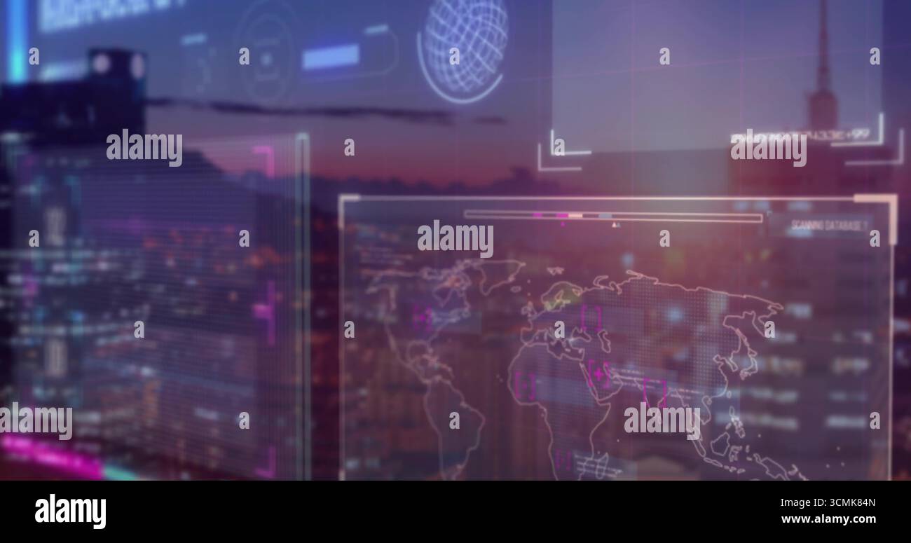 Projecting central holographic world map over dusk cityscape with globe ...