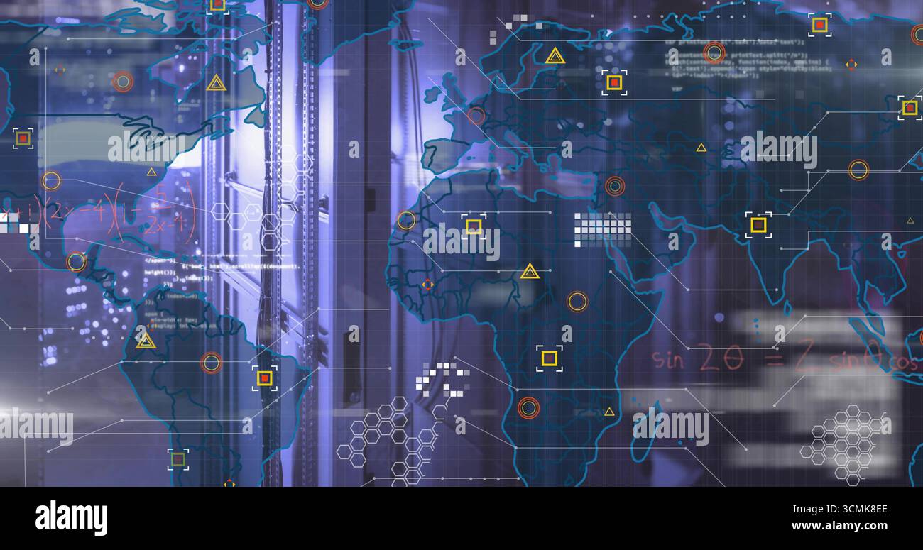 Projecting world map overlay with network nodes and code snippets over ...