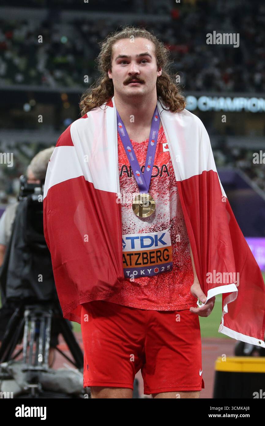 Sep 16, 2025; Tokyo, Japan; Ethan Katzberg (CAN) poses with gold medal ...