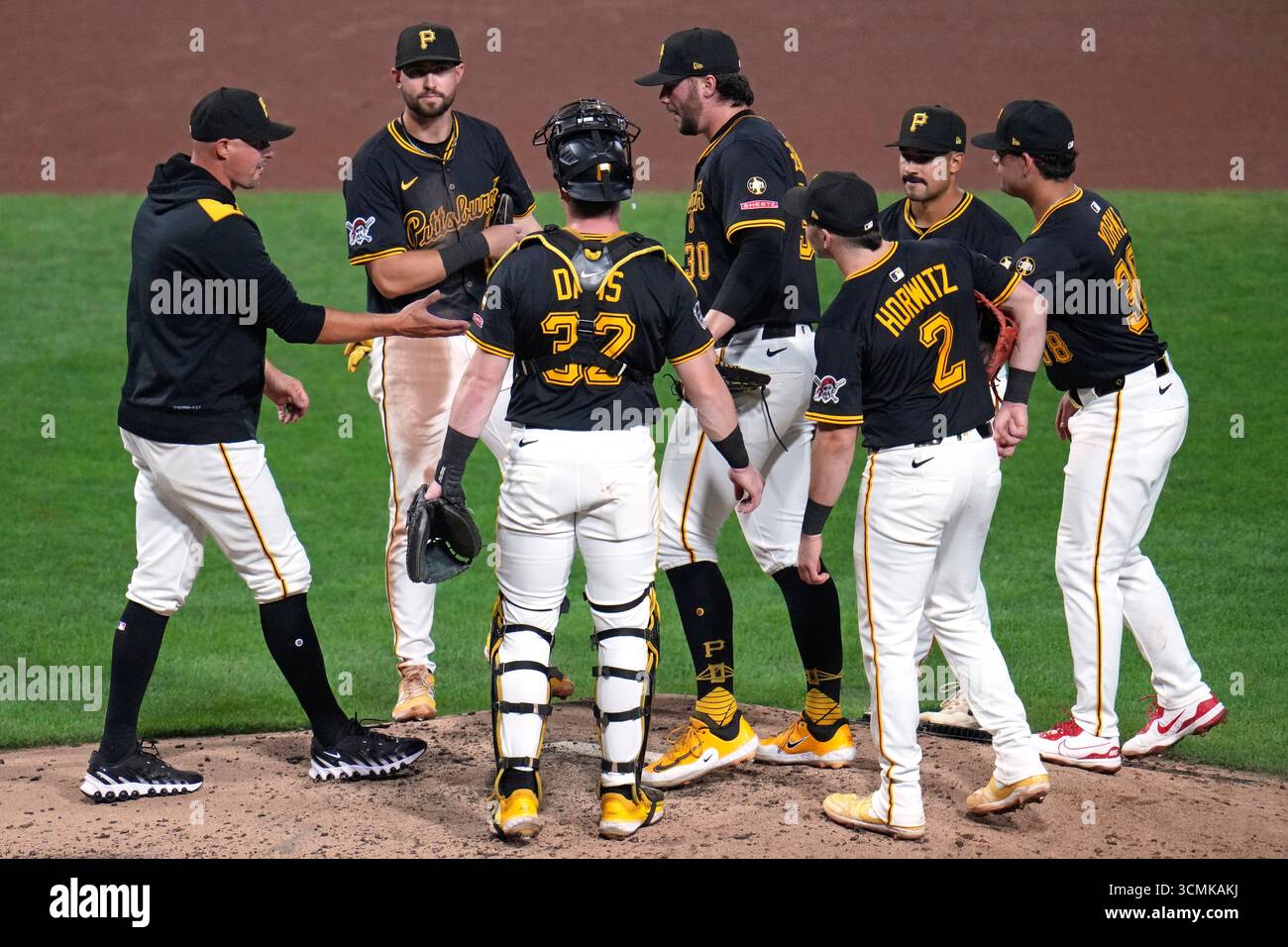 Pittsburgh Pirates manager Don Kelly, left, takes the ball from pitcher ...
