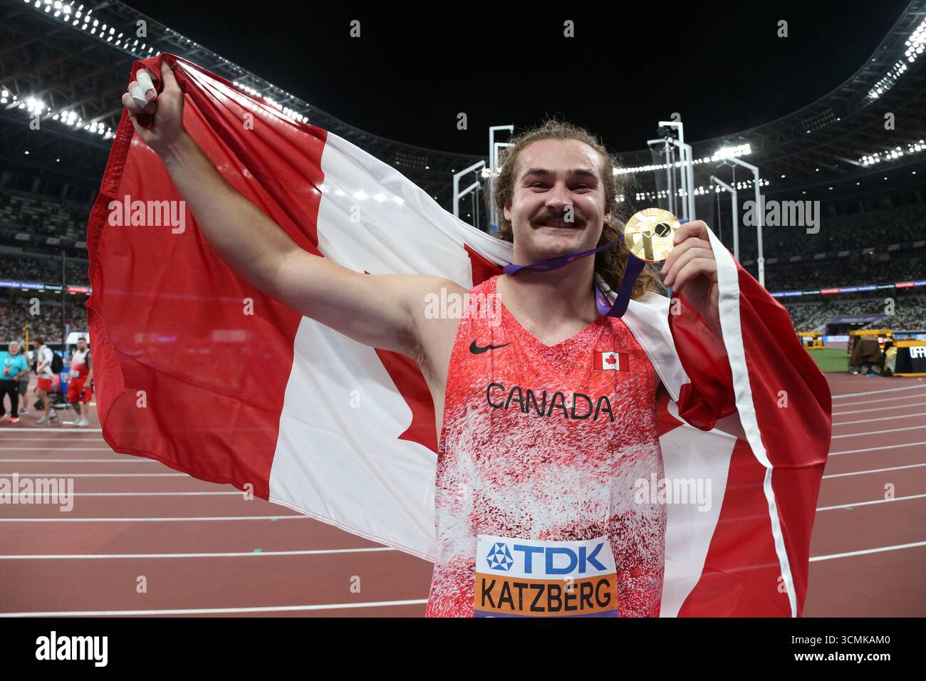 Sep 16, 2025; Tokyo, Japan; Ethan Katzberg (CAN) poses with gold medal ...