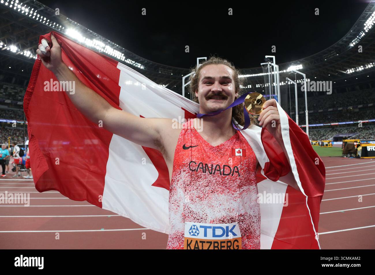 Sep 16, 2025; Tokyo, Japan; Ethan Katzberg (CAN) poses with gold medal ...