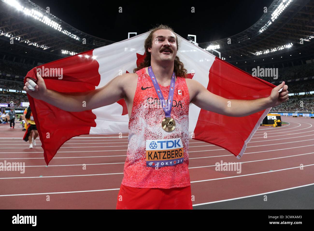 Sep 16, 2025; Tokyo, Japan; Ethan Katzberg (CAN) poses with gold medal ...
