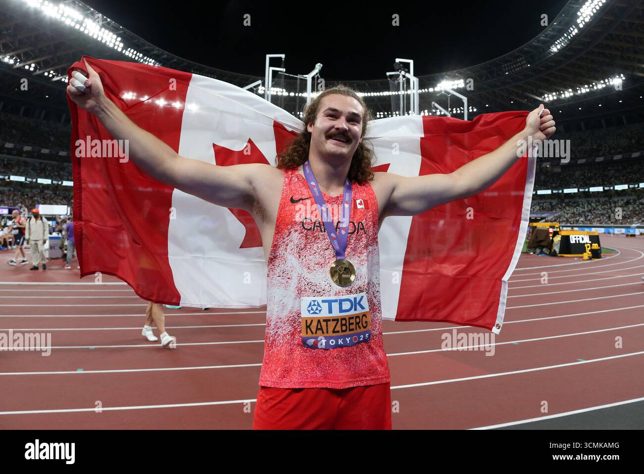Sep 16, 2025; Tokyo, Japan; Ethan Katzberg (CAN) poses with gold medal ...