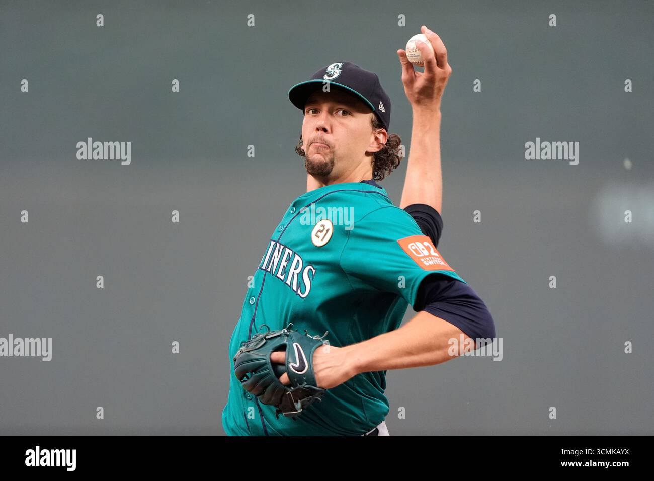 Seattle Mariners starting pitcher Logan Gilbert throws during the first ...