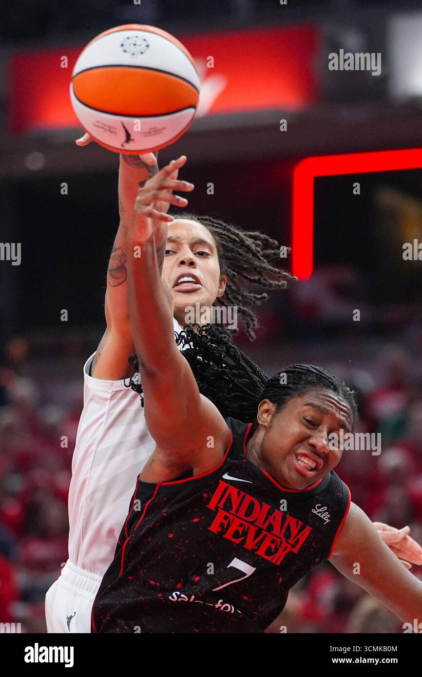 Atlanta Dream center Brittney Griner (42) goes over the top of Indiana ...