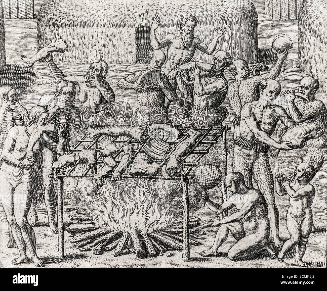 Engraving by Theodor de Bry depicting cannibalism in Brazil, 1557 ...