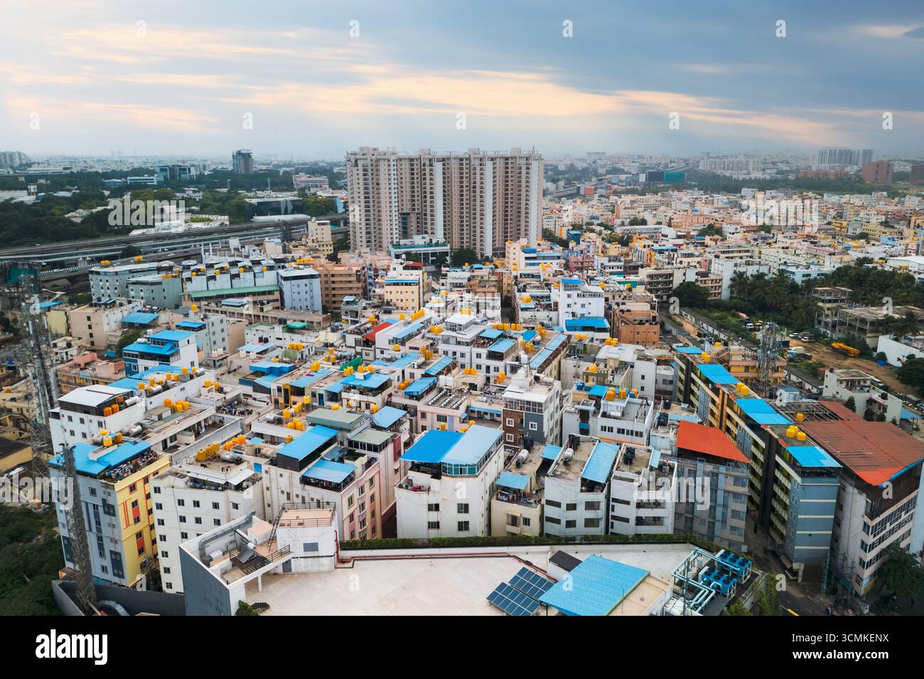 Aerial view of Bengaluru cityscape with colorful apartment buildings ...