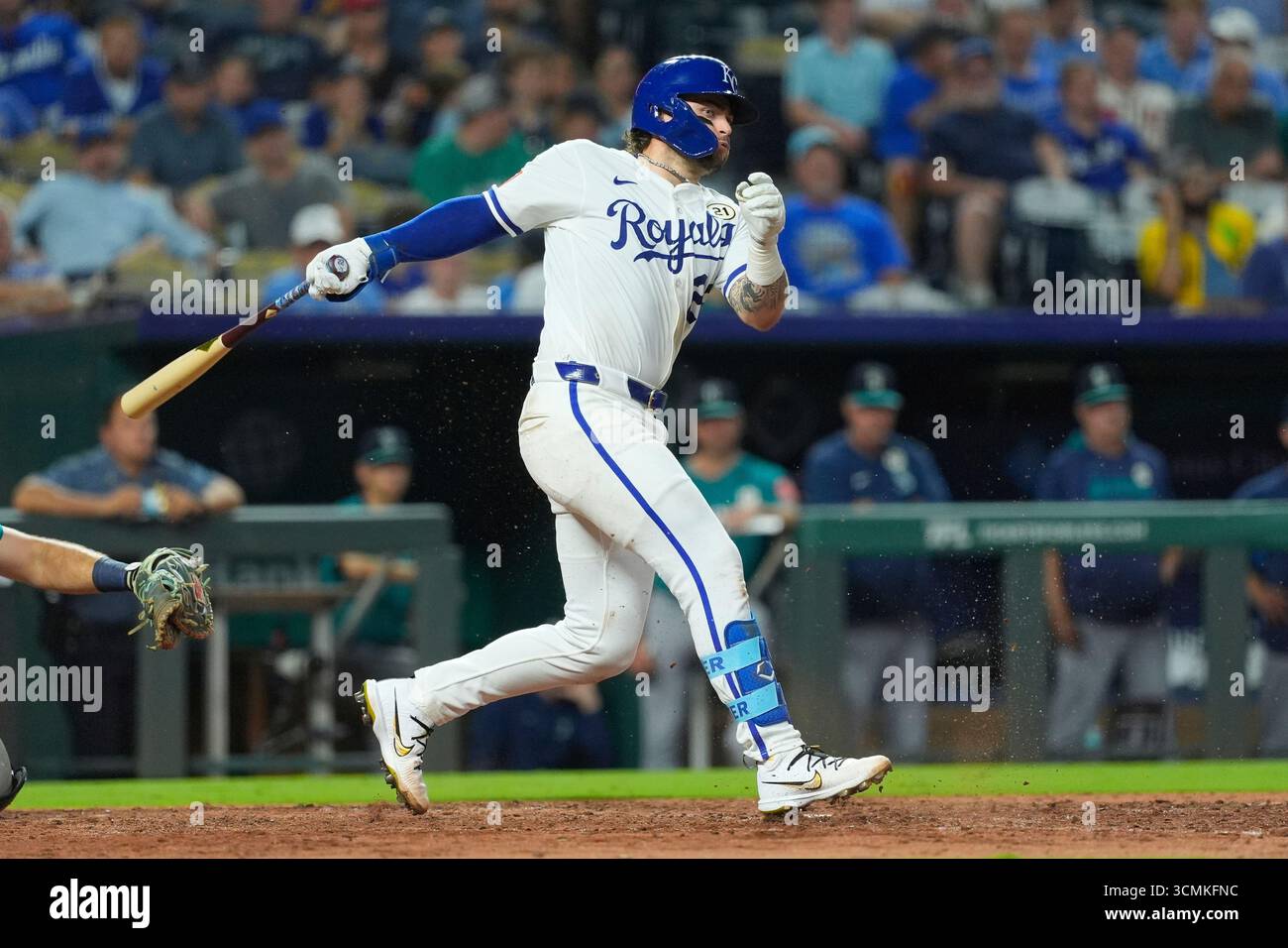 Kansas City Royals' Carter Jensen watches his solo home run during the ...
