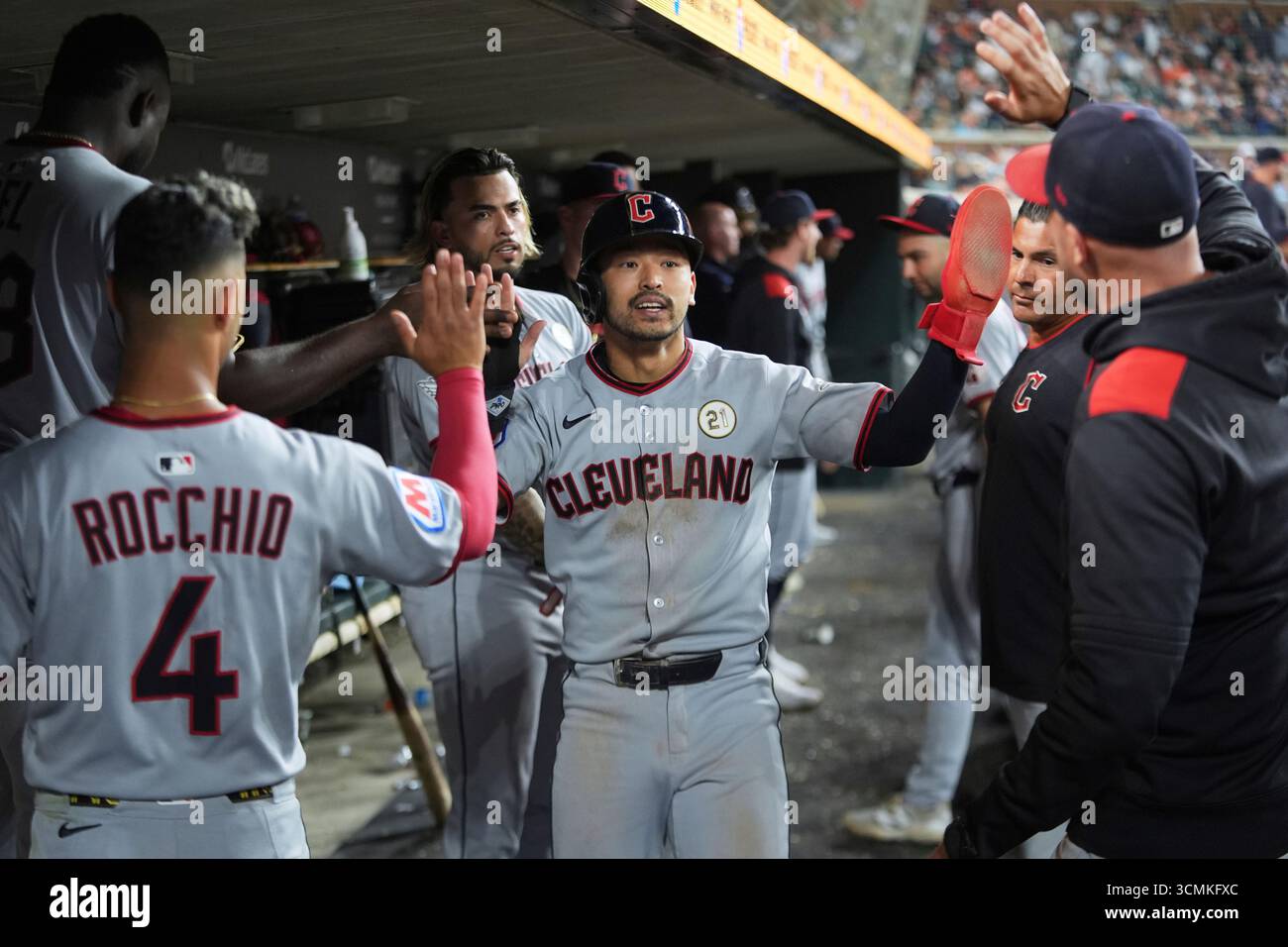 Cleveland Guardians' Steven Kwan celebrates scoring against the Detroit ...