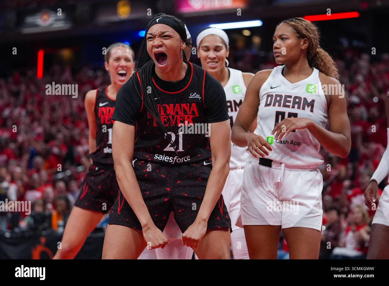 Indiana Fever forward Makayla Timpson (21) celebrates after hitting a ...