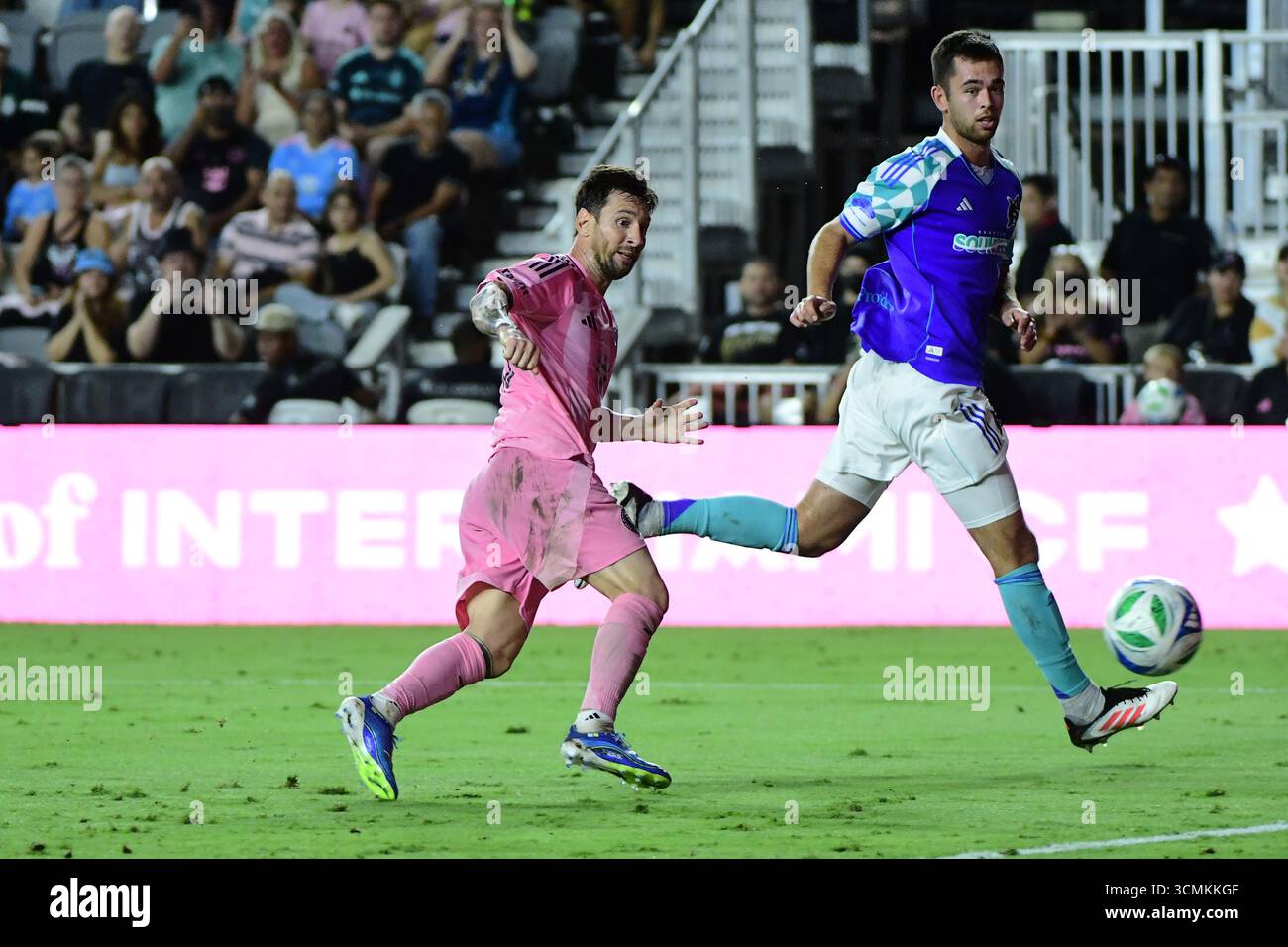 Inter Miami forward Lionel Messi (10) watches his shot as his heads ...