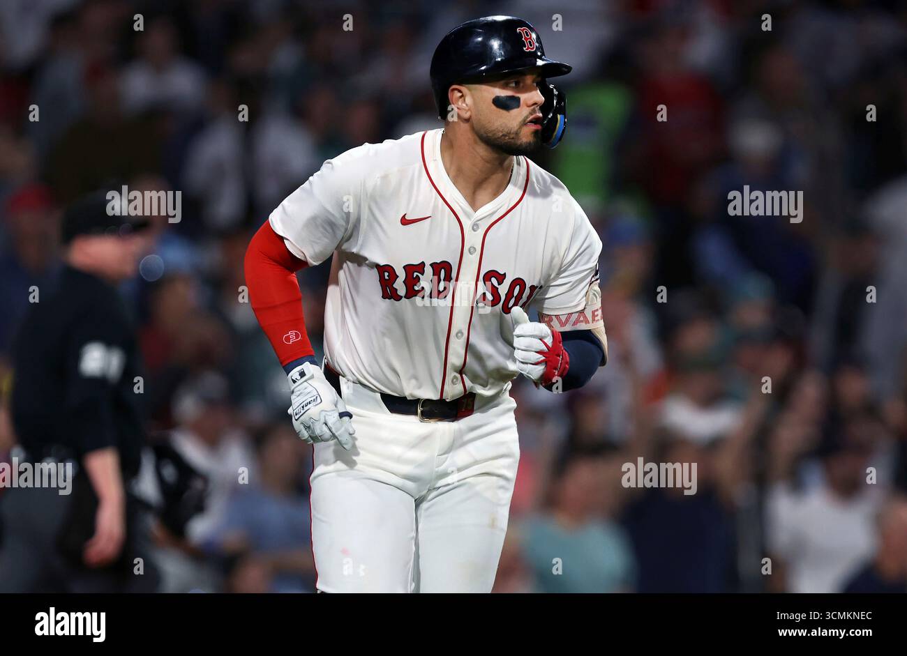 Boston Red Sox' Carlos Narvaez heads down the firstbase line following ...