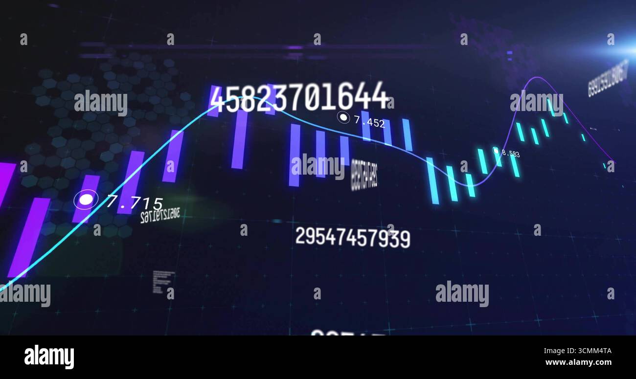 Displaying 3D chart showing changing trend in 3D interface, with purple ...
