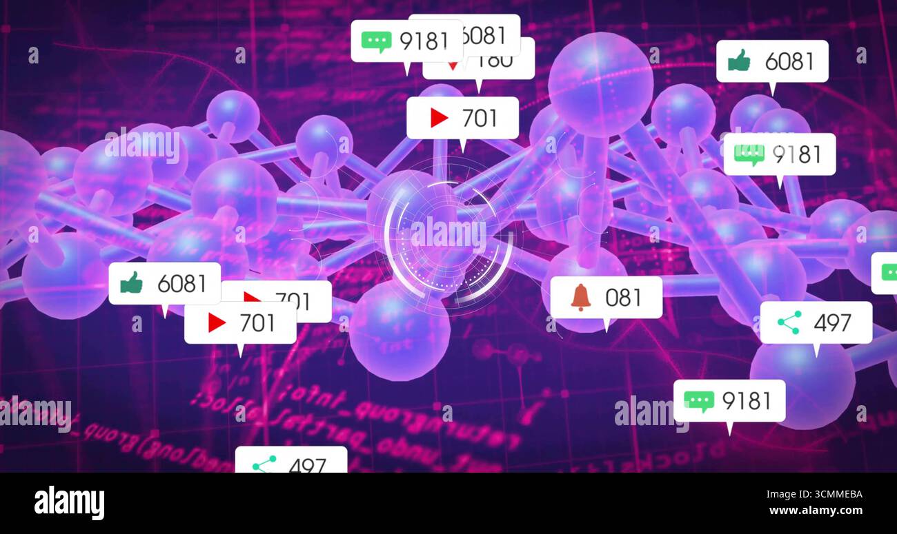 Displaying purple cylinder bonded network nodes floating in cyberspace ...