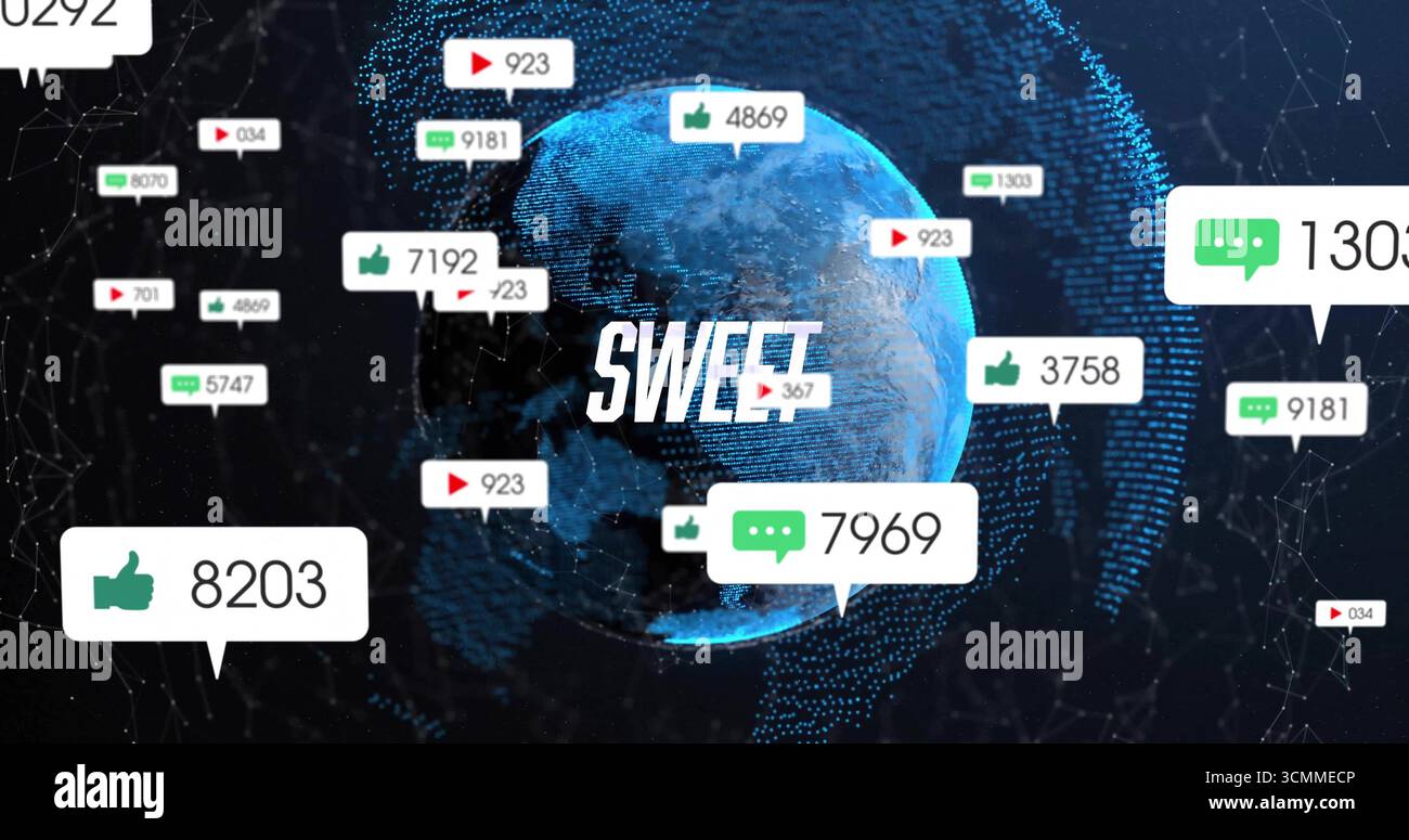Displaying blue mesh globe centered in dark tech network, with SWEET ...