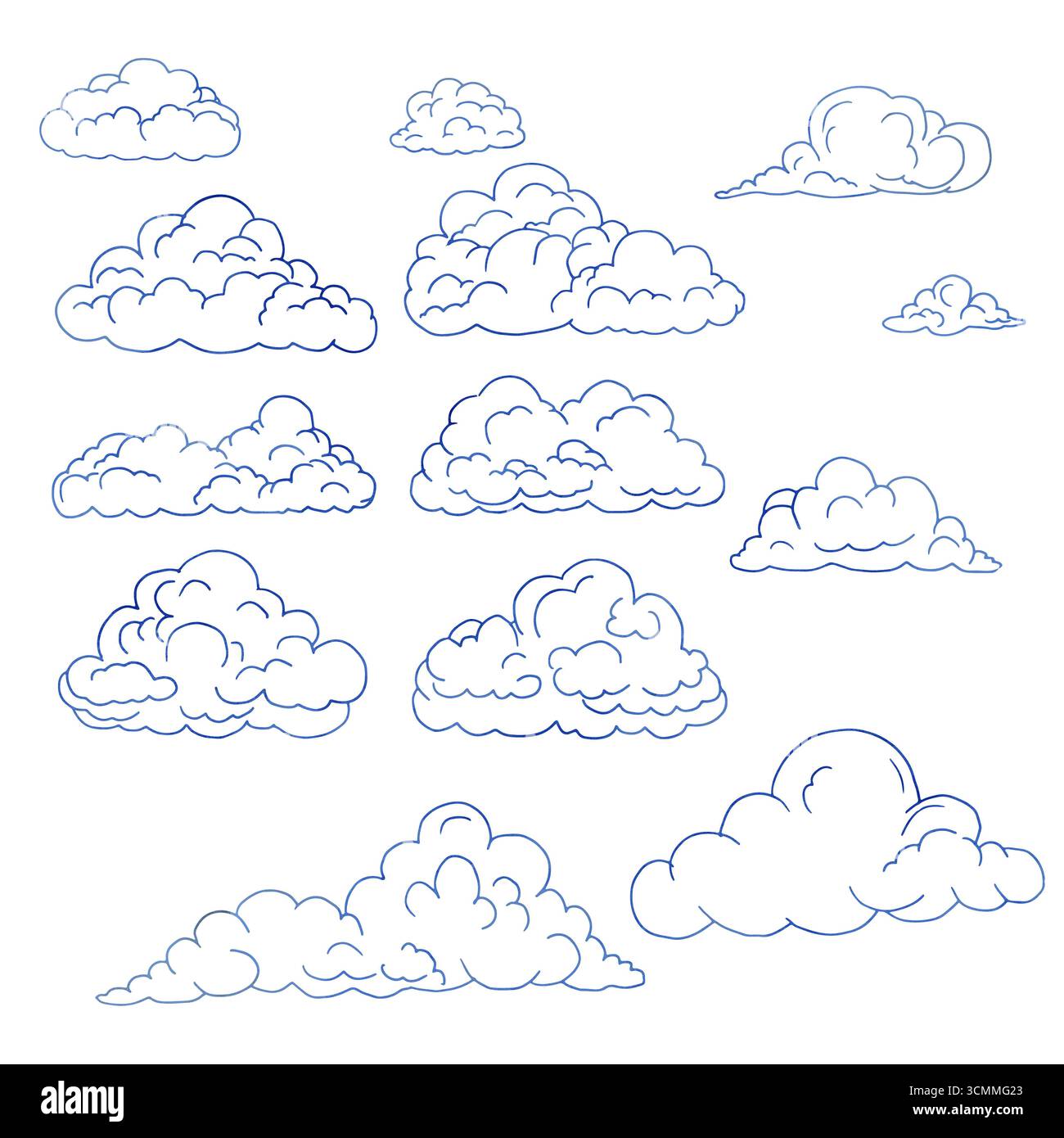 Fluffy and cumulus clouds, stylization of contour drawing with pencils ...