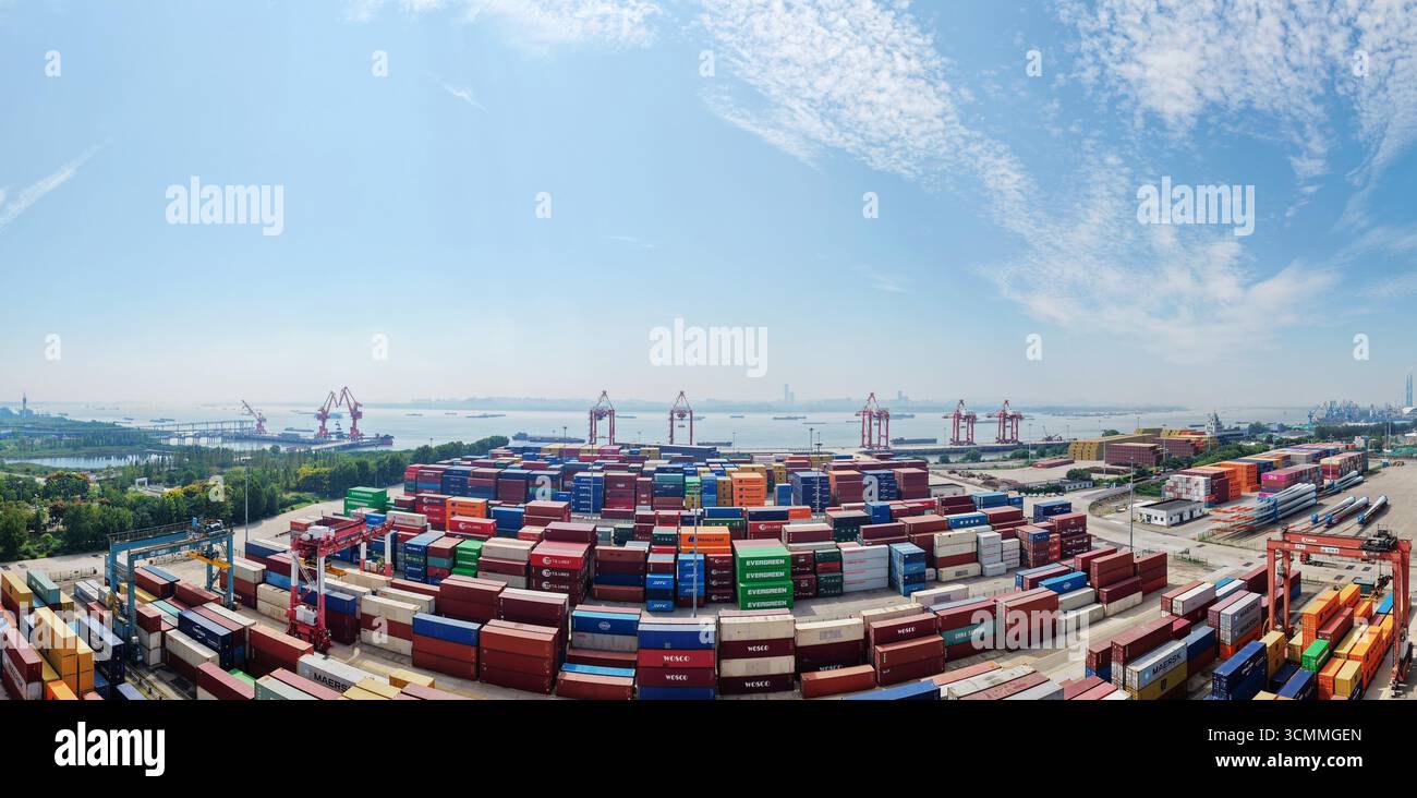 Aerial photo shows the busy container terminal at Yangzhou Port in ...