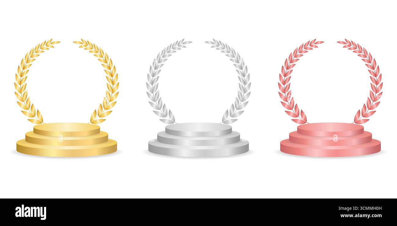 Stage Podium with Gold, Silver and Bronze Laurel Wreath. Winner Podium ...
