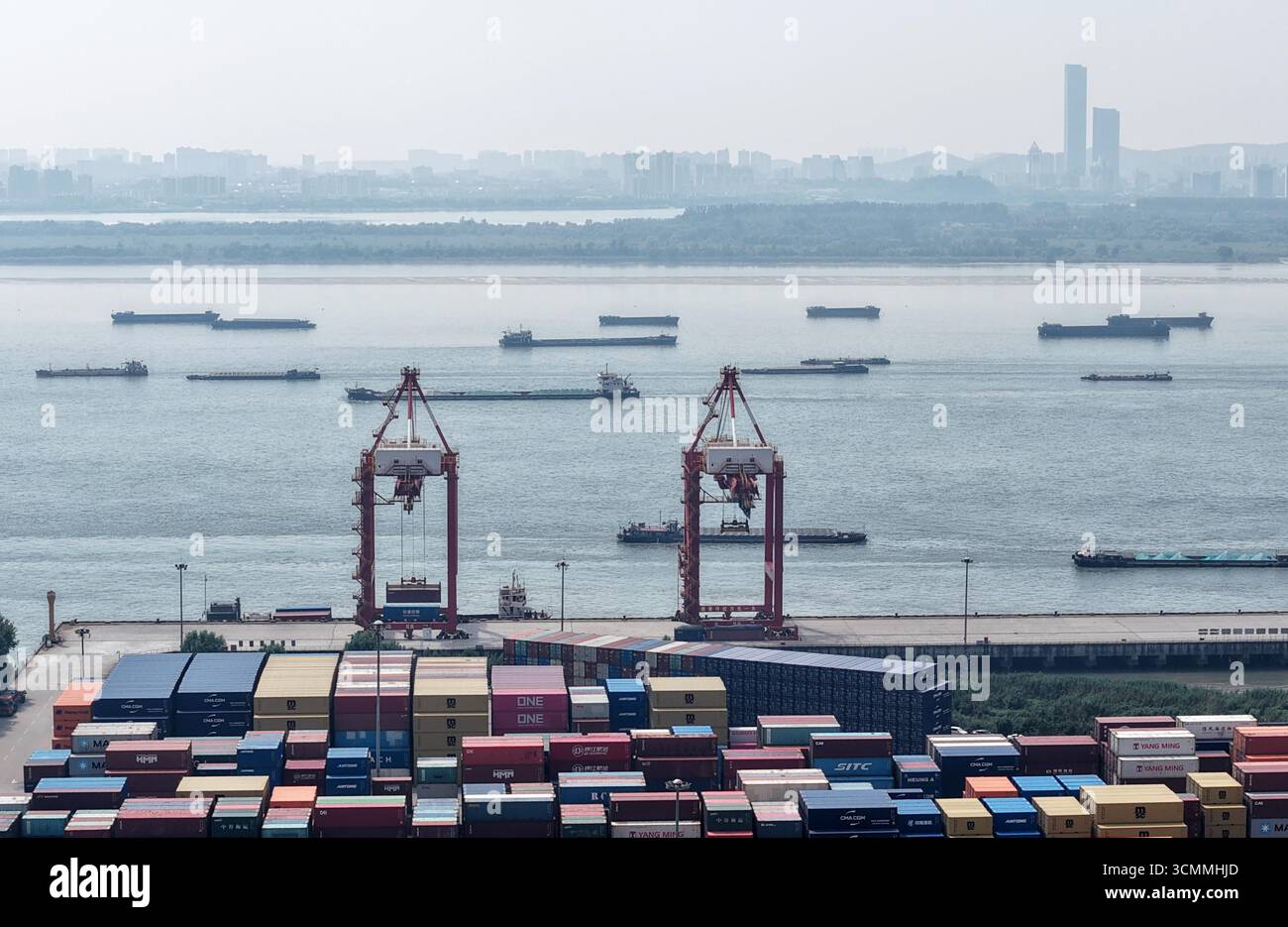 Aerial photo shows the busy container terminal at Yangzhou Port in ...