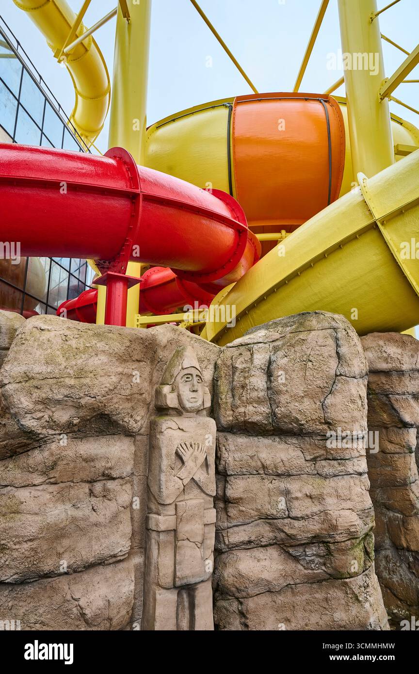 Multi coloured waterslides running outside the Sandcastle Waterpark ...
