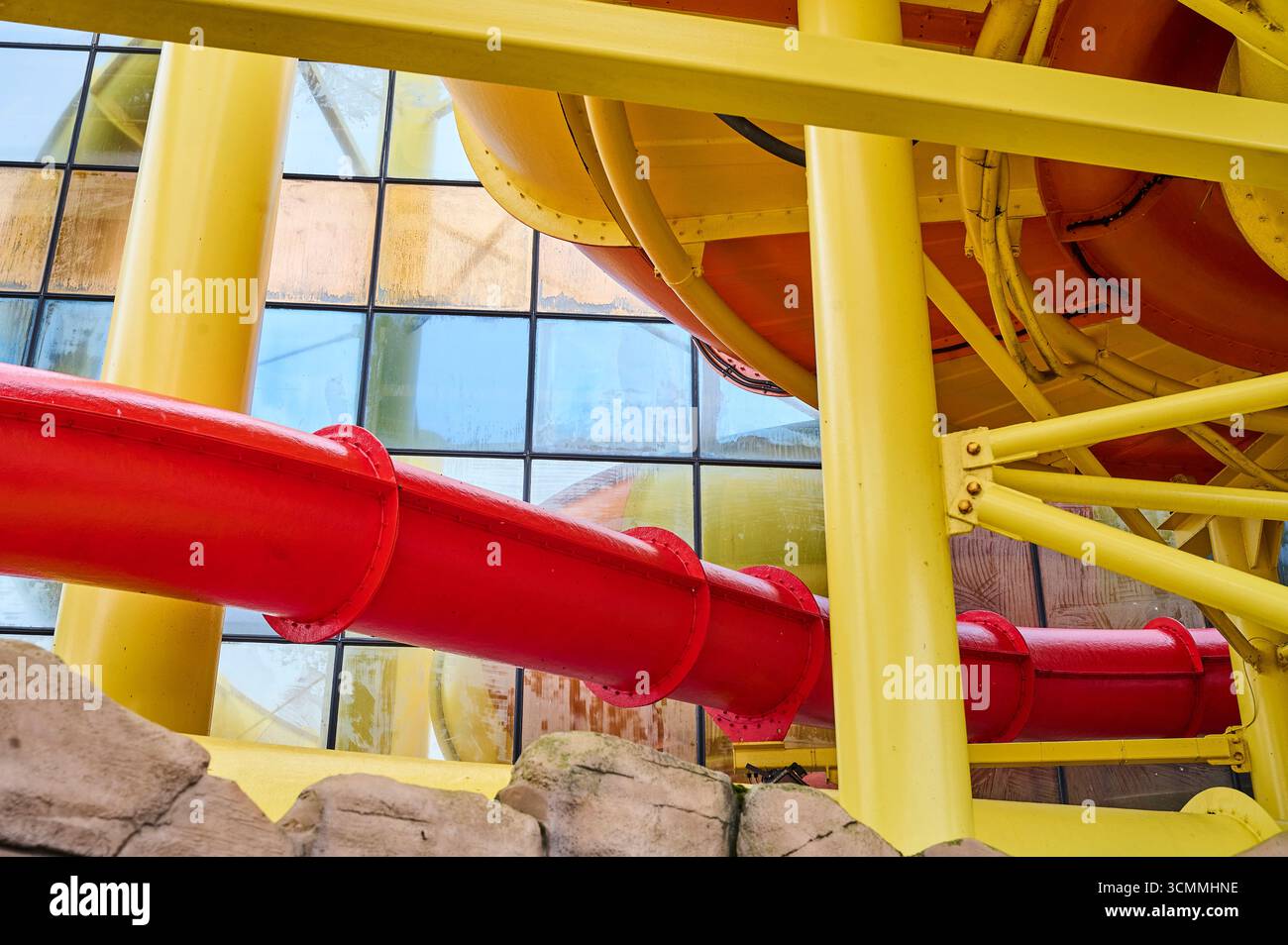 Multi coloured waterslides running outside the Sandcastle Waterpark ...