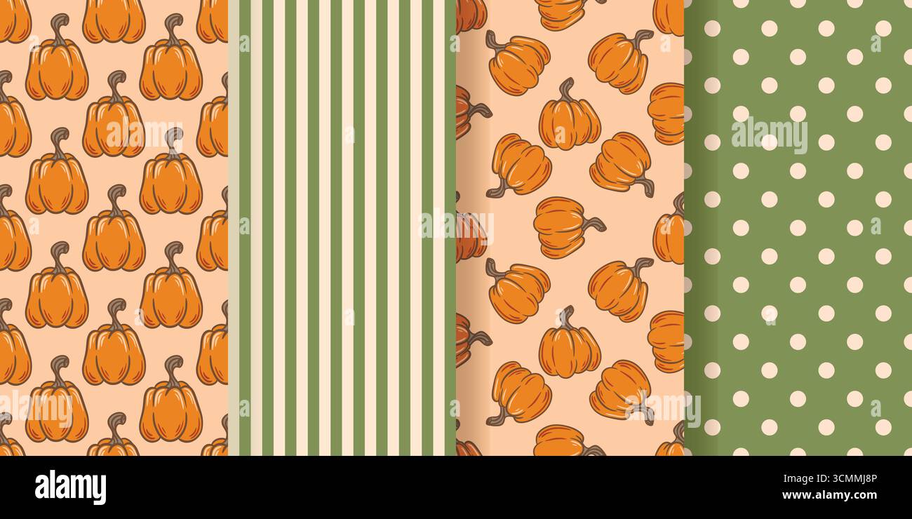 Set of striped and polka dot autumn backgrounds with pumpkins. Cozy ...