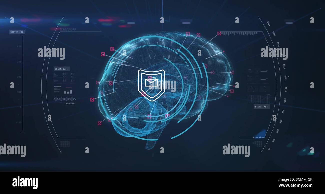 Scanning holographic brain floating at data interface, showing shield ...