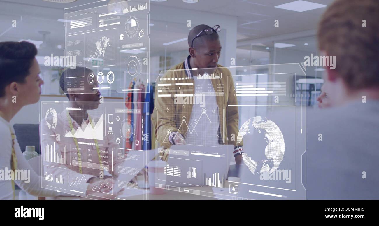 Pointing presenter highlighting floating holographic charts in ...