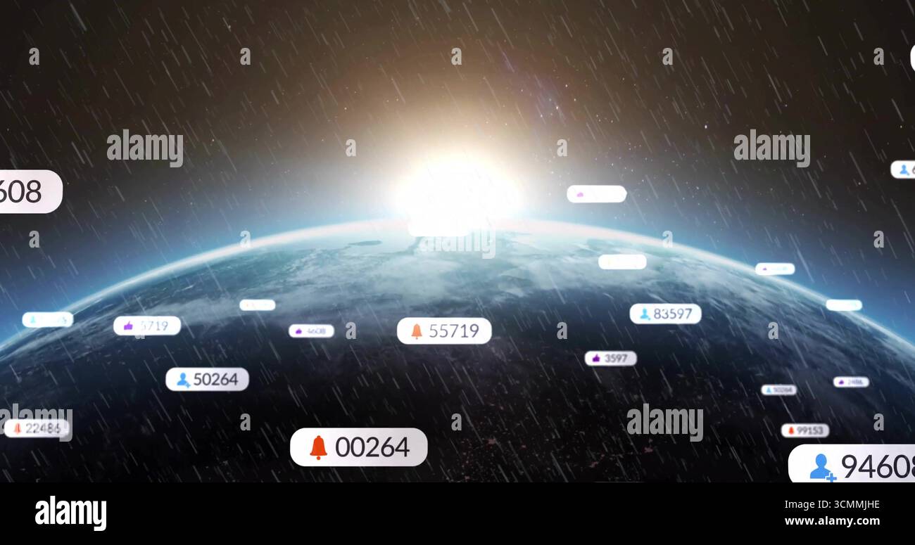Showing curved Earth horizon glowing by rising sun flare in star field ...