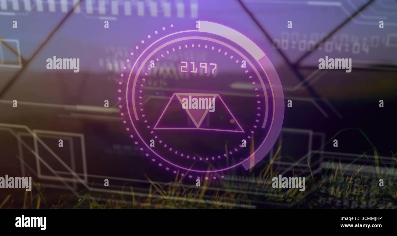 Showing purple hologram interface on grass with dotted ring triangle ...