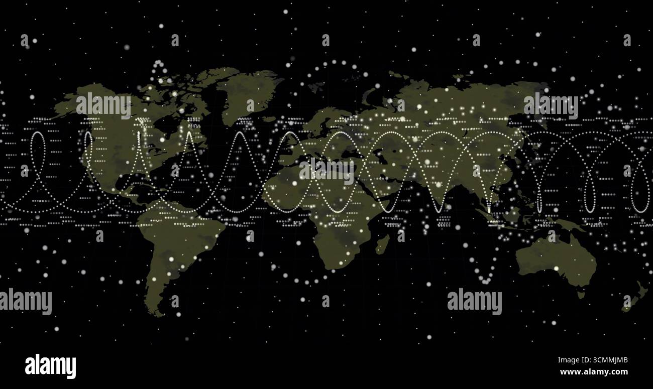 Displaying olive-green world map in dark theme, showing white dotted sine-wave, dots, binary ...