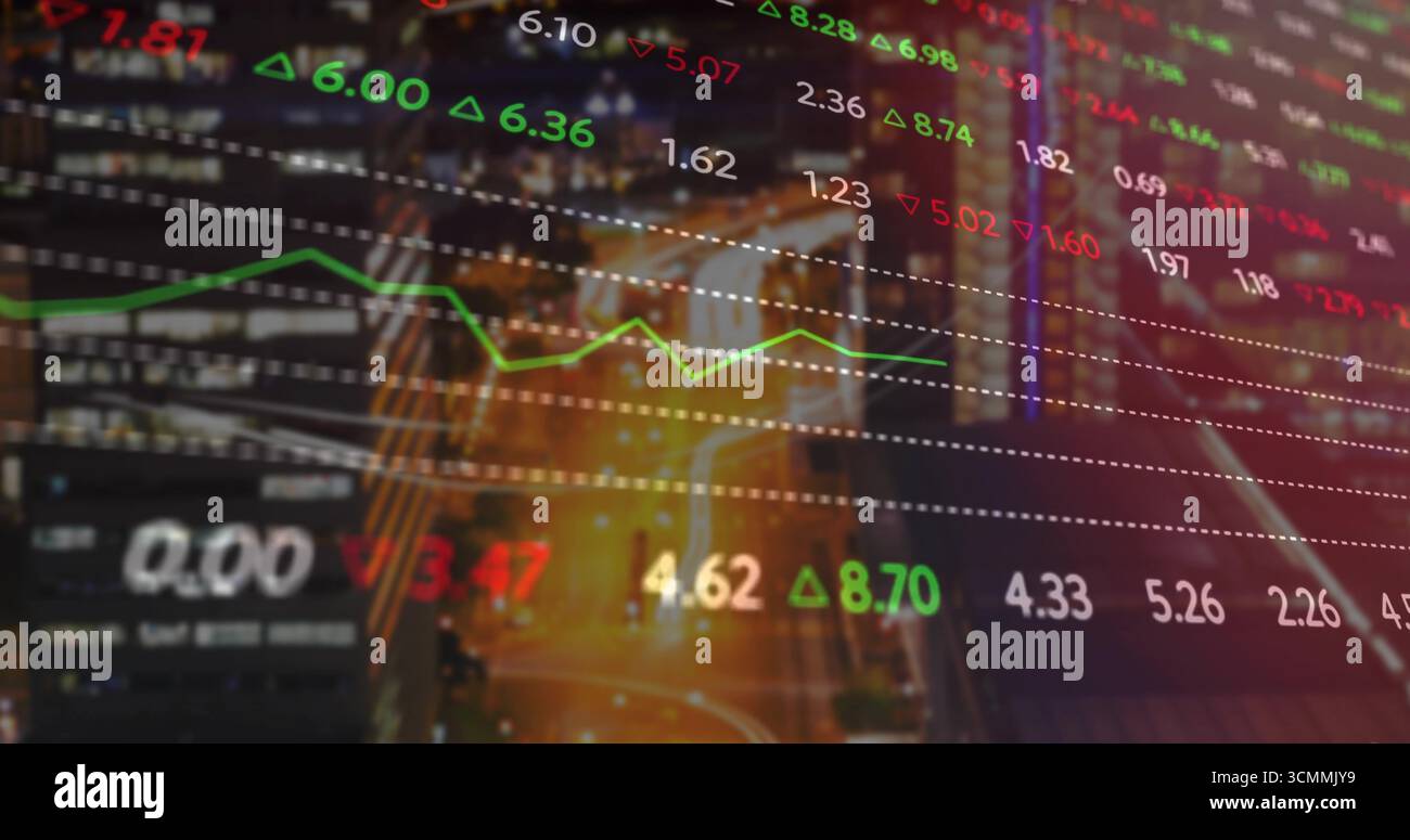 Displaying floating stock data, dotted grid and green trend graph over ...
