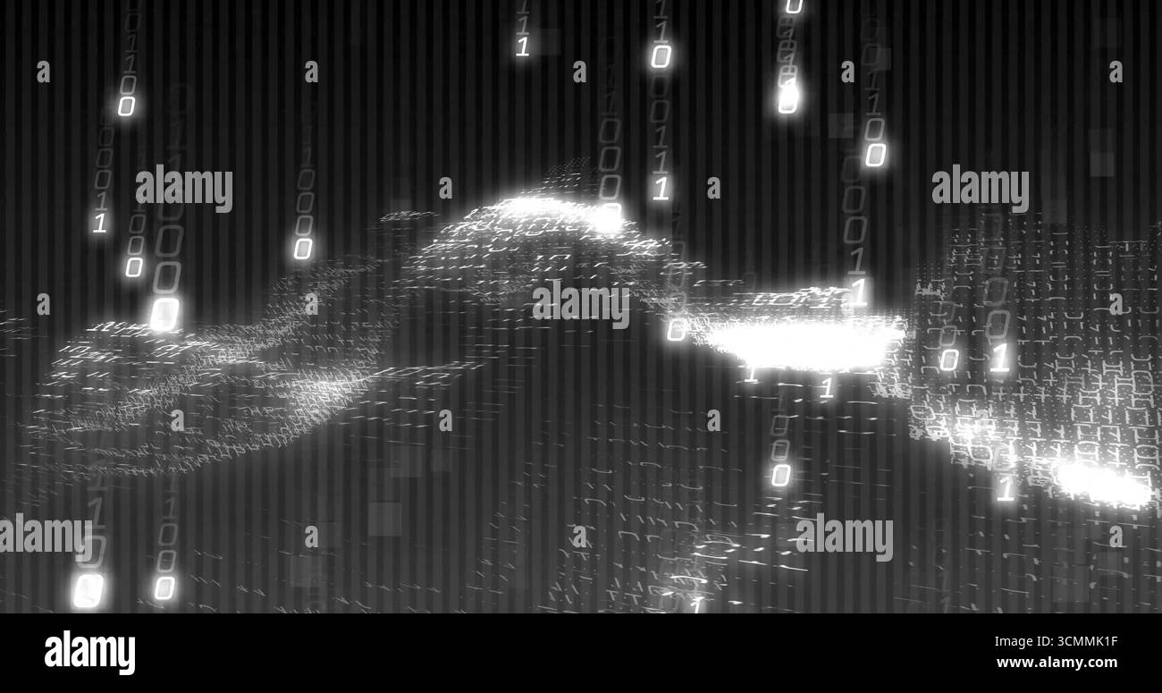 Cascading binary digits forming undulating wave in cyberspace, with code streams and grid ...