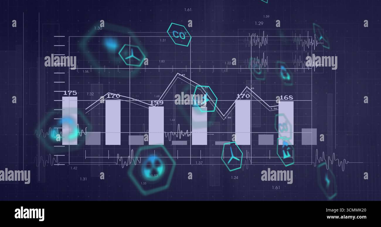 Displaying visuals on virtual dashboard with white bar chart, line ...