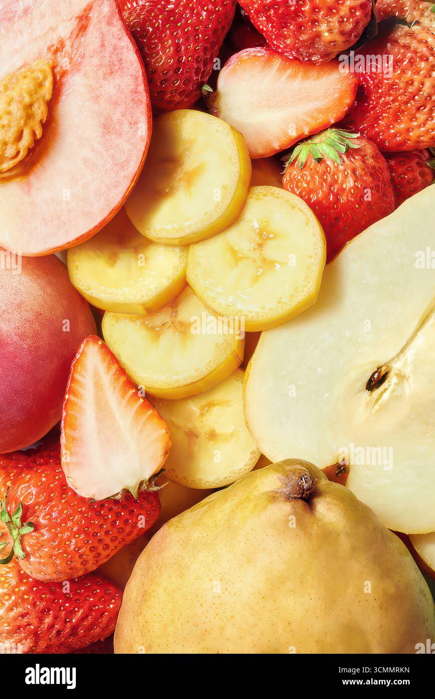 Vibrant Assortment of Fresh Sliced Fruits Peaches, Pears, Bananas, and ...