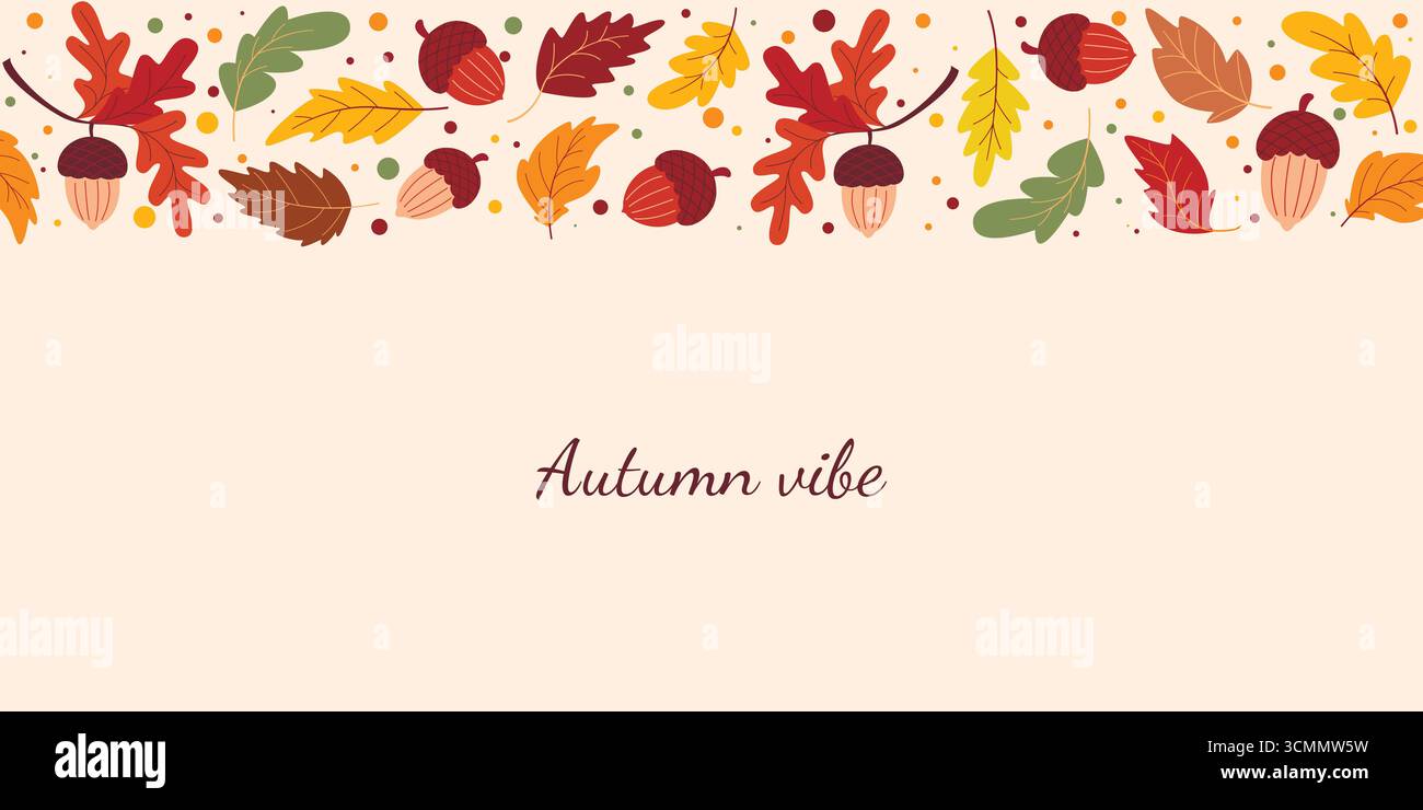 Horizontal template with a border of acorns and oak leaves. Cozy autumn ...