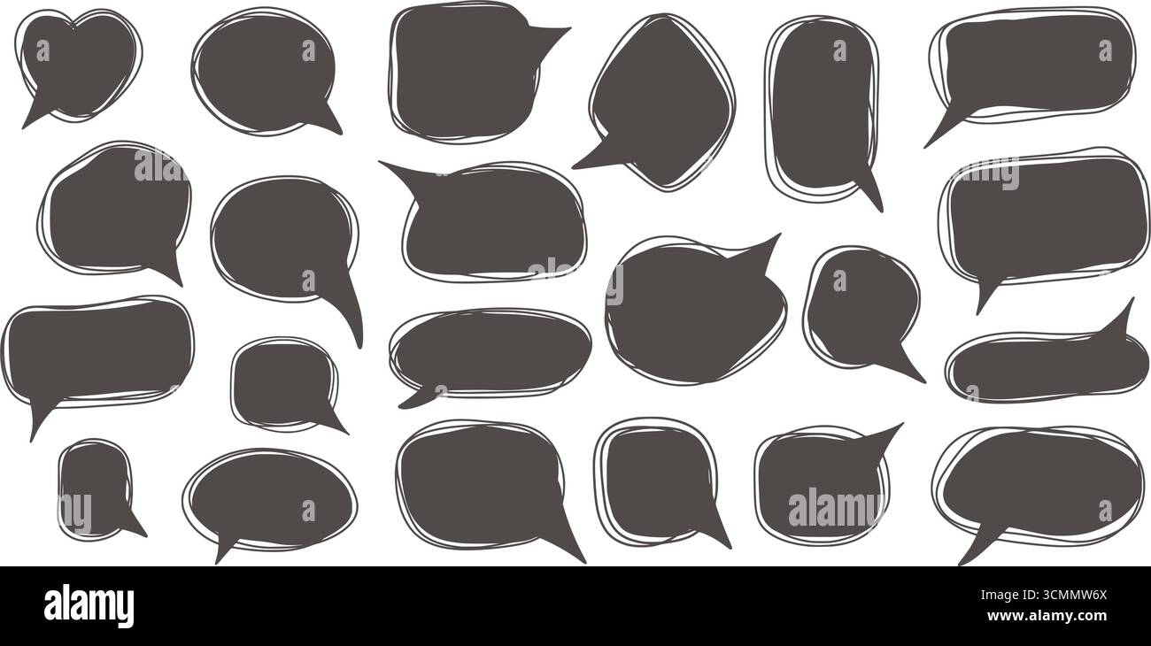 Speech bubbles in doodle sketch style. Black empty text boxes. Dialog ...