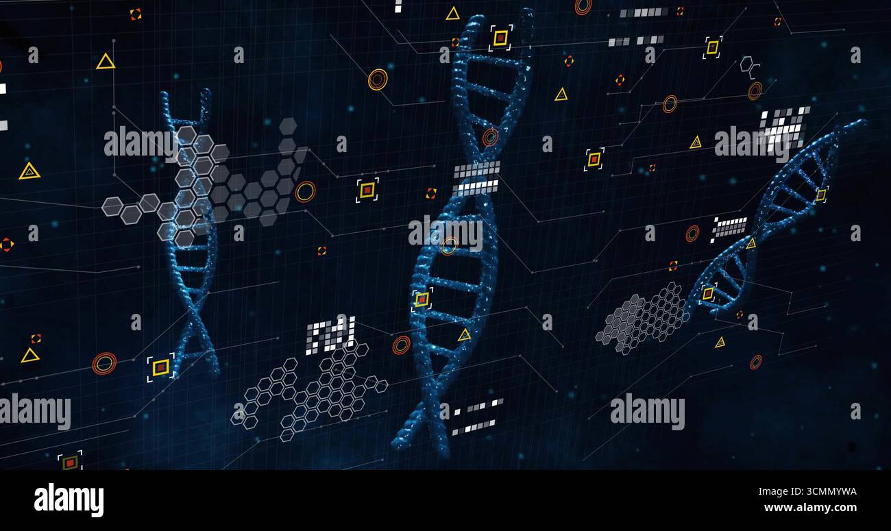 Displaying central blue DNA helix rotating in genomics dashboard, with ...