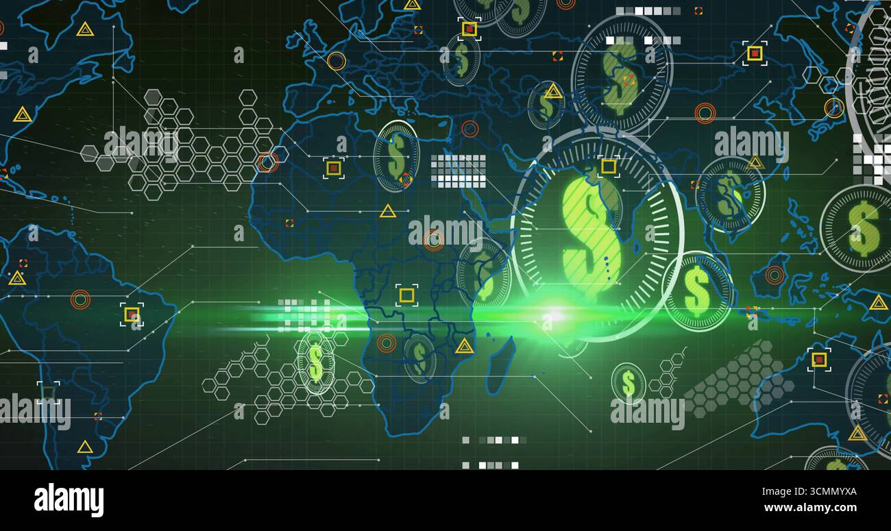Displaying circular digital dollar interface overlaying world map grid ...