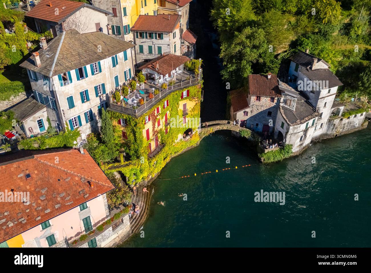 Aerial view of the small town of Nesso, built on the gorge called with ...