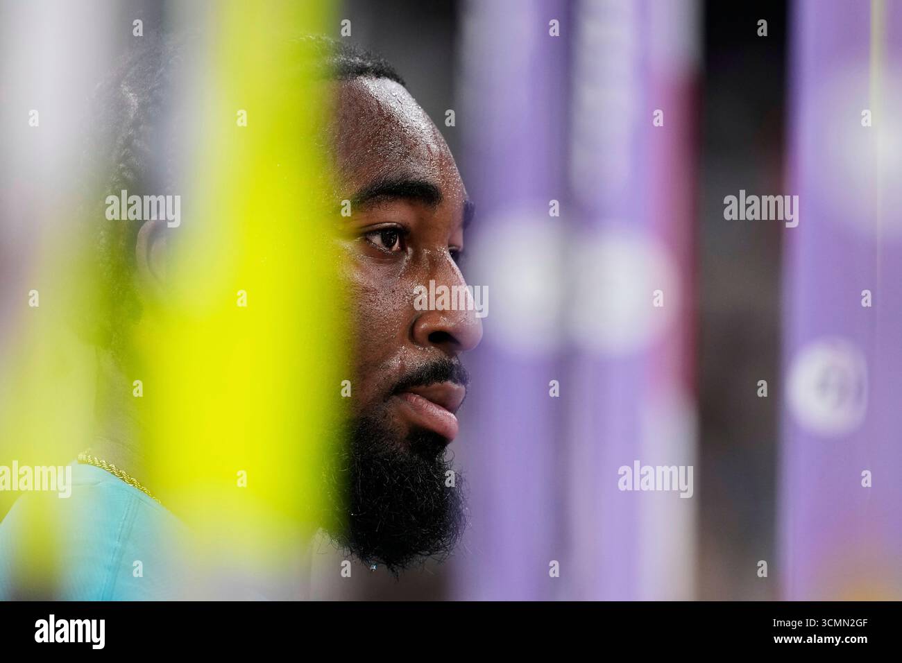 Bahamas' Keyshawn Strachan waits for the start in the men's javelin ...
